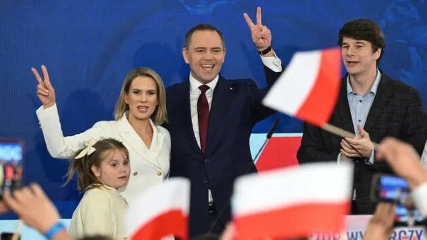 Wybory prezydenckie 2025. Karol Nawrocki po ogłoszeniu wyników exit poll pierwszej tury wyborów ...